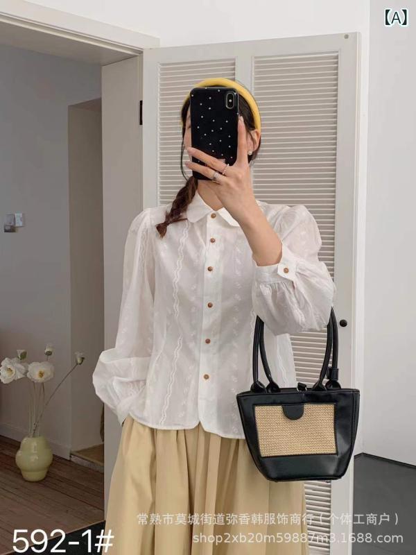 ・主な素材: 綿80%-90%・スタイル: 純色、文艺風・袖丈: 長袖・ネックライン: POLO領・袖型: 通常袖・カラー展開: 白色、米白色・サイズ展開: 均码