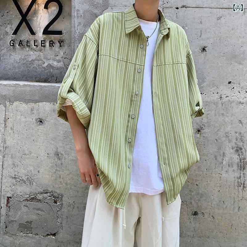・スタイル: 潮・カテゴリ: シャツ・対象年齢: 18-24歳・対象性別: 男性・対象: 青少年・フィット: ゆったり・袖丈: 七分袖・柄: 条紋・厚み: 薄手・ディテール: ツートンカラー・シーン: カジュアル・カラー展開: 緑、青・サイ...