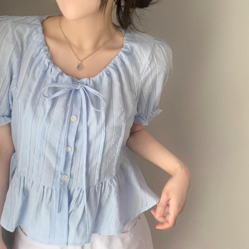 ・カテゴリ: シャツ・スタイル: カジュアル・主な素材: 綿50-70%・柄: 無地・袖丈: 短袖・加工: 織物・版型: 標準・衣丈: 普通(50-65cm)・ネックライン: クルーネック・袖型: パフスリーブ・カラー展開: 杏色、ブルー、...