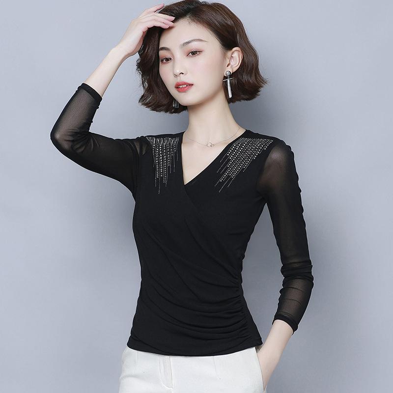 ・カテゴリ: Tシャツ・スタイル: OL通勤・主な素材: ポリエステル81-90%・柄: 無地・袖丈: 長袖・デザイン: ストーン刺繍・フィット: スリム・着丈: 普通(50-65cm)・ネックライン: Vネック・袖型: 標準・カラー展開:...
