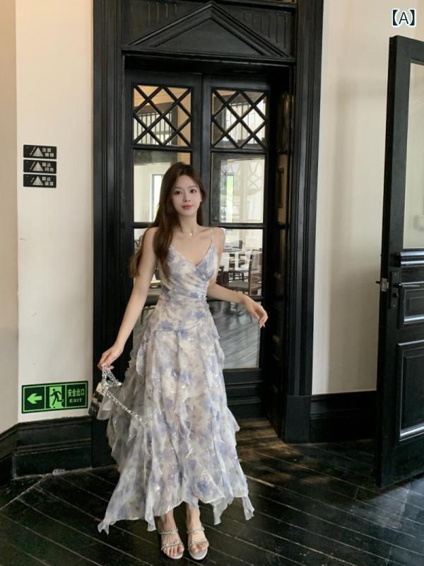 ・カテゴリ: 連衣裙・スタイル: 少女風、清新甜美・主な素材: ポリエステル・柄: 碎花・スカート丈: 中長・スカート型: A字型・ネックライン: Vネック・袖丈: ノースリーブ・ウエスト位置: ミッドライズ・流行要素: スプライス・カラー...