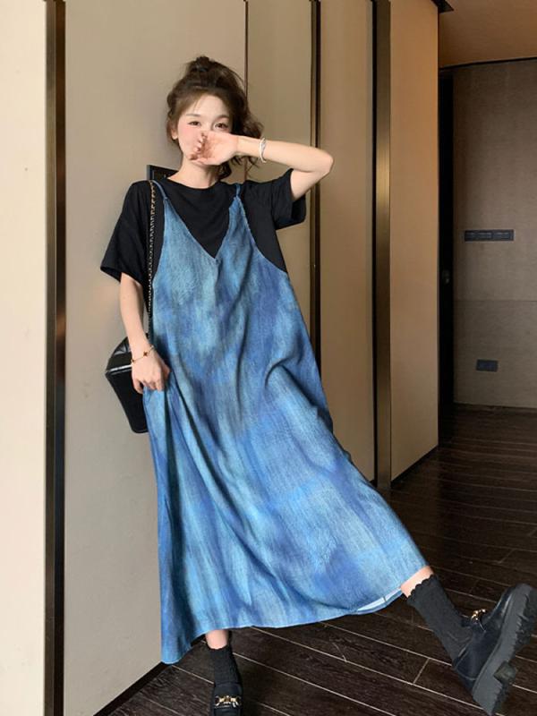 ・カテゴリ: 連衣裙・スタイル: 通勤風・主な素材: 綿・ネックライン: 丸首・袖丈: 短袖・スカート丈: ミディアムロング・スカート形状: アシンメトリー・カラー展開: ブルー・サイズ展開: XL,2XL,3XL,4XL