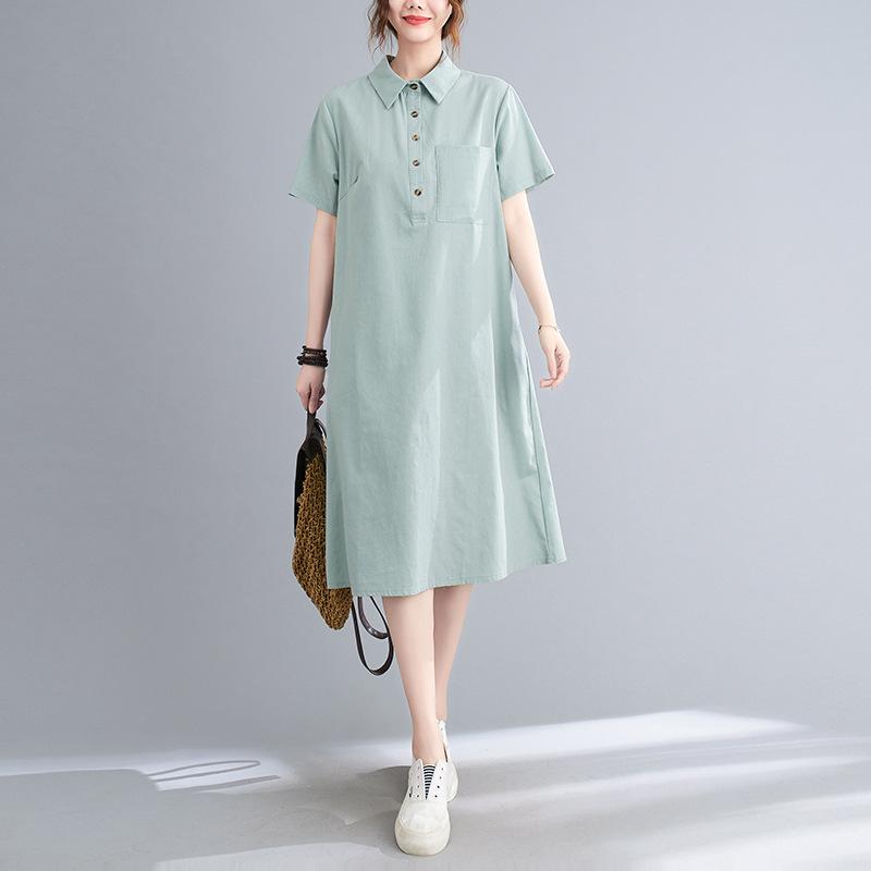 ・主な素材: 綿・柄: 無地・スタイル: 通勤風・タイプ: セットイン・組み合わせ: 単品・スカート丈: ミディアムロング・スカート形状: Aライン・ネックライン: ポロカラー・袖丈: 半袖・ウエスト: ルーズ・流行要素: ポケット、ボタン...