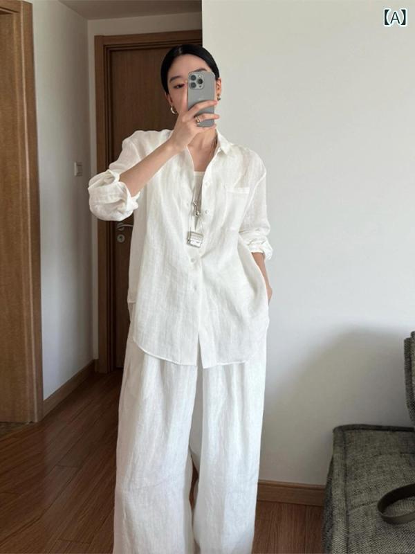 ・カテゴリ: セットアップ・スタイル: 通勤、都市・主な素材: 麻・袖丈: 長袖・袖型: 通常袖・柄: 無地・カラー展開: ホワイト・サイズ展開: S、M、L、XL