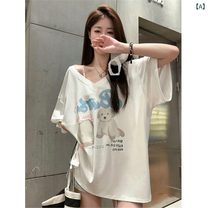 ・カテゴリ: Tシャツ・スタイル: 日韓カジュアル、慵懶風・主な素材: その他・袖丈: 短袖・柄: 動物柄・版型: ワイドシルエット・衣丈: 中長丈(65cm<衣長≤80cm)・ネックライン: Vネック・袖型: ドロップショルダー・カ...