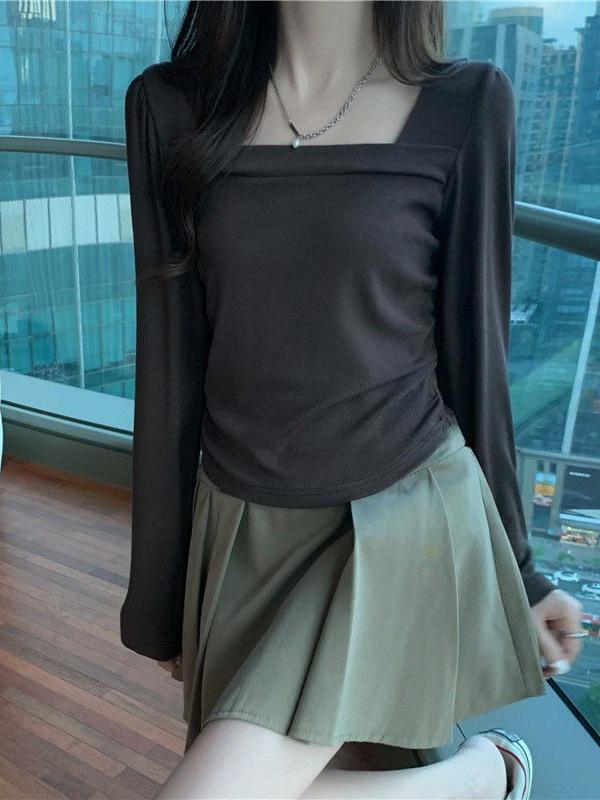 ・カテゴリ: Tシャツ・スタイル: 甘辛風・主な素材: その他・ネックライン: スクエアネック・袖丈: 長袖・袖型: 標準・デザイン要素: プリーツ・フィット感: スリムフィット・カラー展開: 白色、灰色、黒色、咖色・サイズ展開: M、L、...