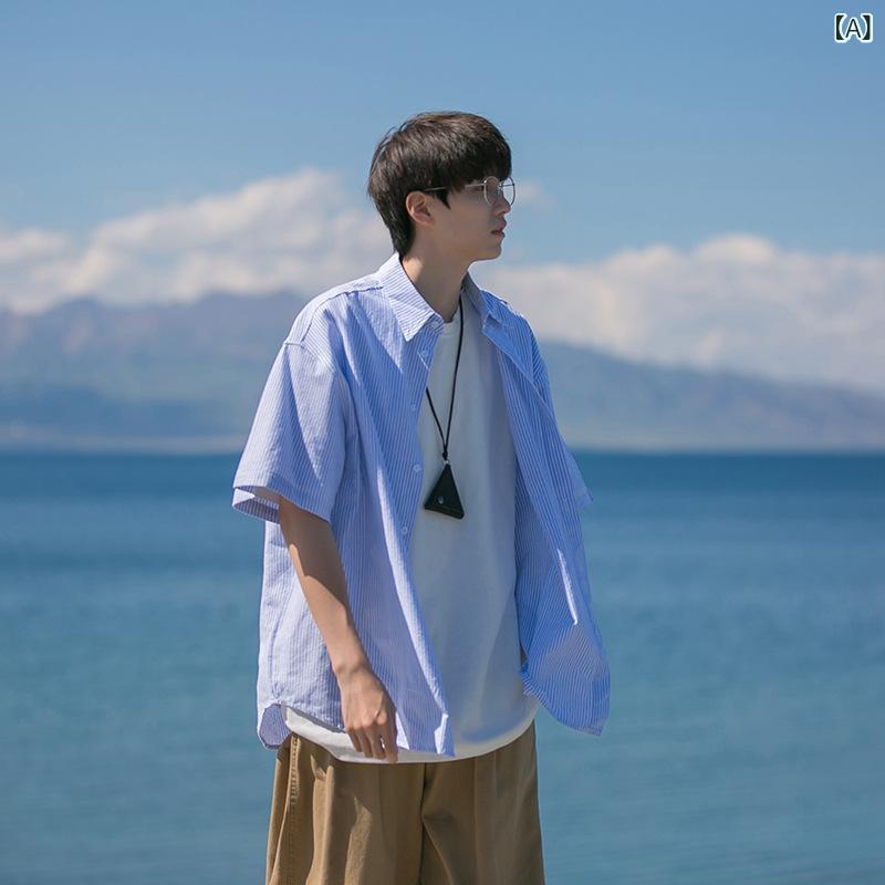 ・カテゴリ: シャツ・スタイル: 港風・主な素材: ポリエステル96%以上・機能: ノンアイロン・袖丈: 短袖・柄: 条紋・詳細: 配色・厚み: 薄手・版型: ルーズフィット・ネックライン: スタンドカラー・適用シーン: カジュアル・カラー...