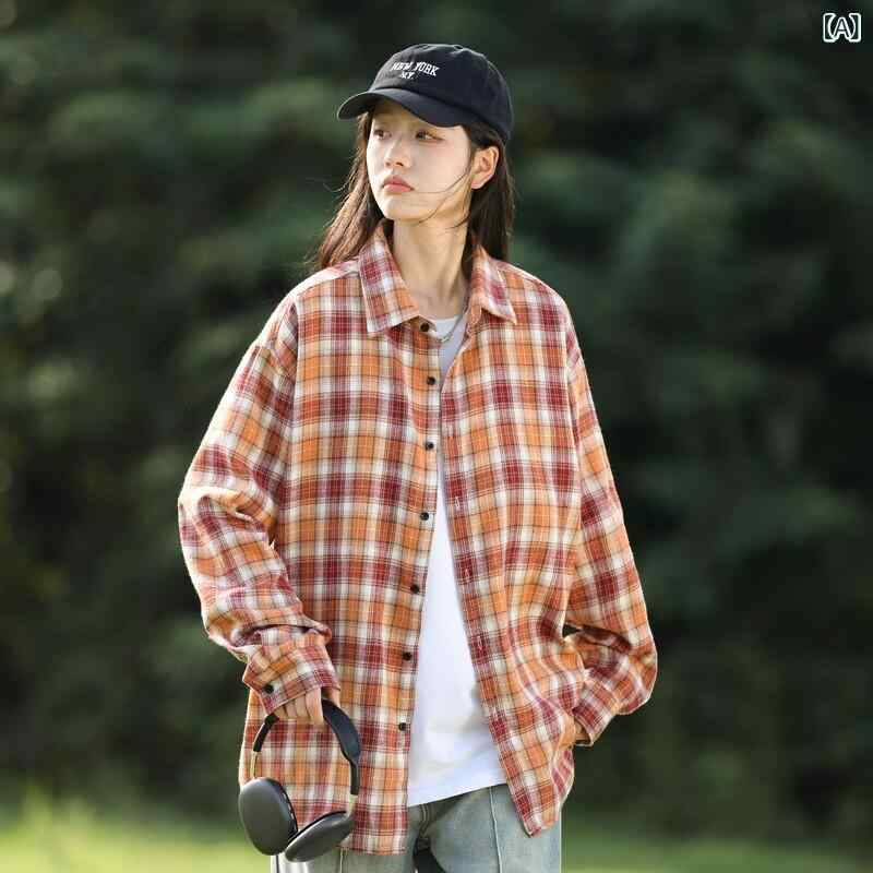 ・スタイル: 韓版・カテゴリ: シャツ・主な素材: ポリエステル96%以上・袖丈: 長袖・柄: 格子・厚み: 普通・スタイル詳細: ステッチカラー・フィット: ルーズフィット・対象: ビッグサイズ・対象シーン: 日常・カラー展開: オレンジ...