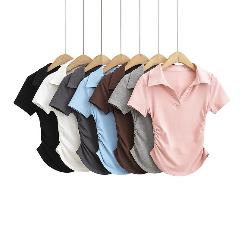 Tシャツ レディース ポロ襟 半袖 Vネック 修身 スリムフィット ギャザー 欧米風 無地 カジュアル きれいめ ショート丈 トップス・カテゴリ: Tシャツ・スタイル: 欧米風・素材: スパンデックス・素材混率: 30%以下・ネックライン:...