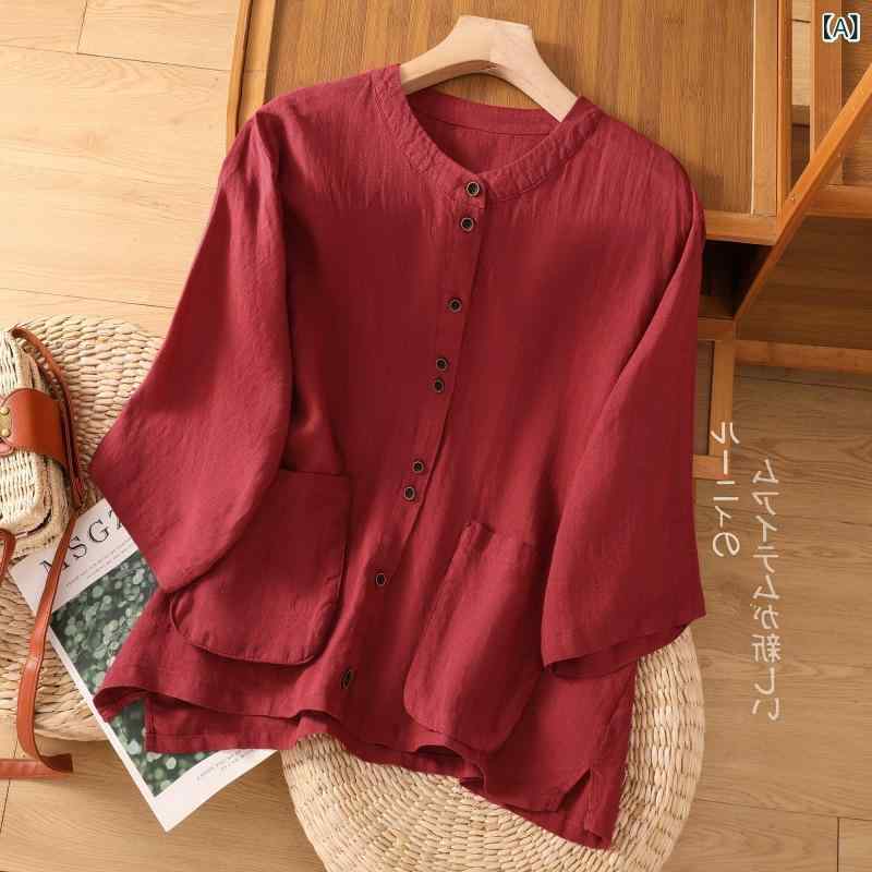 ・カテゴリ: シャツ・スタイル: 都市風・主な素材: 綿麻・柄: 無地・袖丈: 七分袖・版型: ゆったり・ネックライン: ラウンドネック・袖型: フレアスリーブ・カラー展開: ワインレッド、グリーン・サイズ展開: M、L、XL、2XL