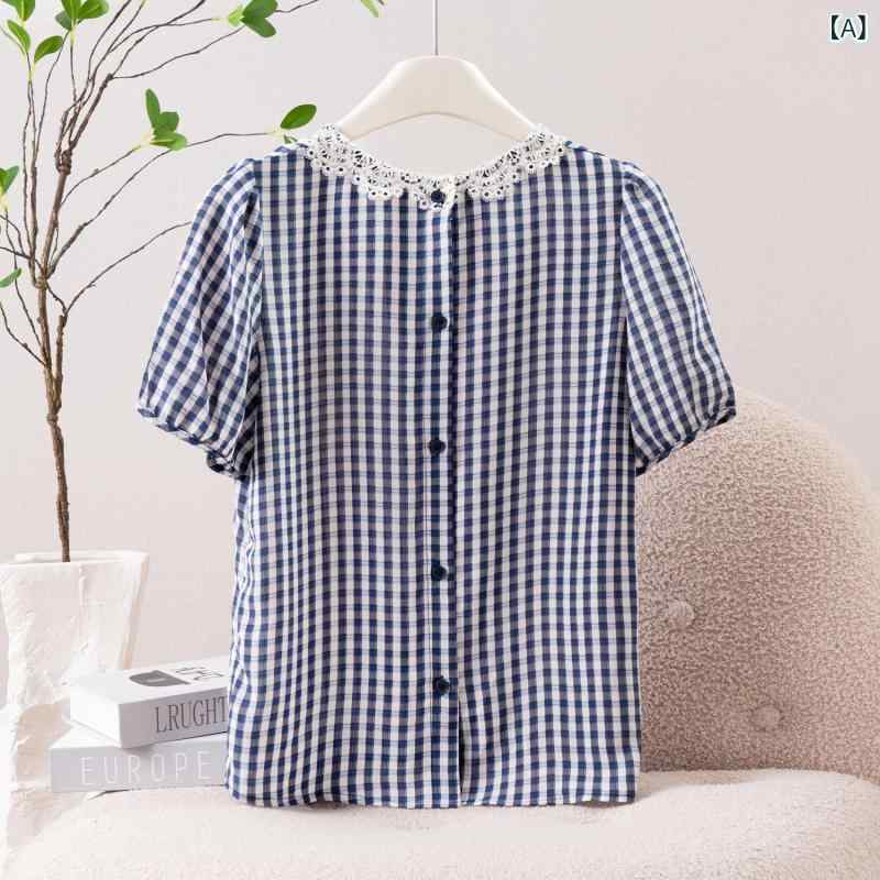 ・カテゴリ: シャツ・スタイル: 通勤・主な素材: 綿50-70%、ポリエステル30-50%・柄: ストライプ/チェック・袖丈: 短袖・衣丈: 普通(50-65cm)・ネックライン: クルーネック・袖型: 泡袖・流行要素: レース・カラー展...
