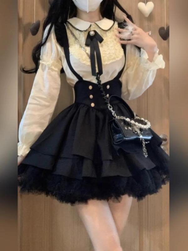・流行元素: 蝴蝶结・面料名称: 雪尼尔・主面料成分: 氨纶・主面料成分含量: 30%以下・颜色: 杏色衬衣,黒色背带裙（无裙撑）,衬衣+背带裙套装（无裙撑）・尺码: S,M,L,XL・风格类型: 私服名媛・风格: 御姐风・套装款式: 上衣...