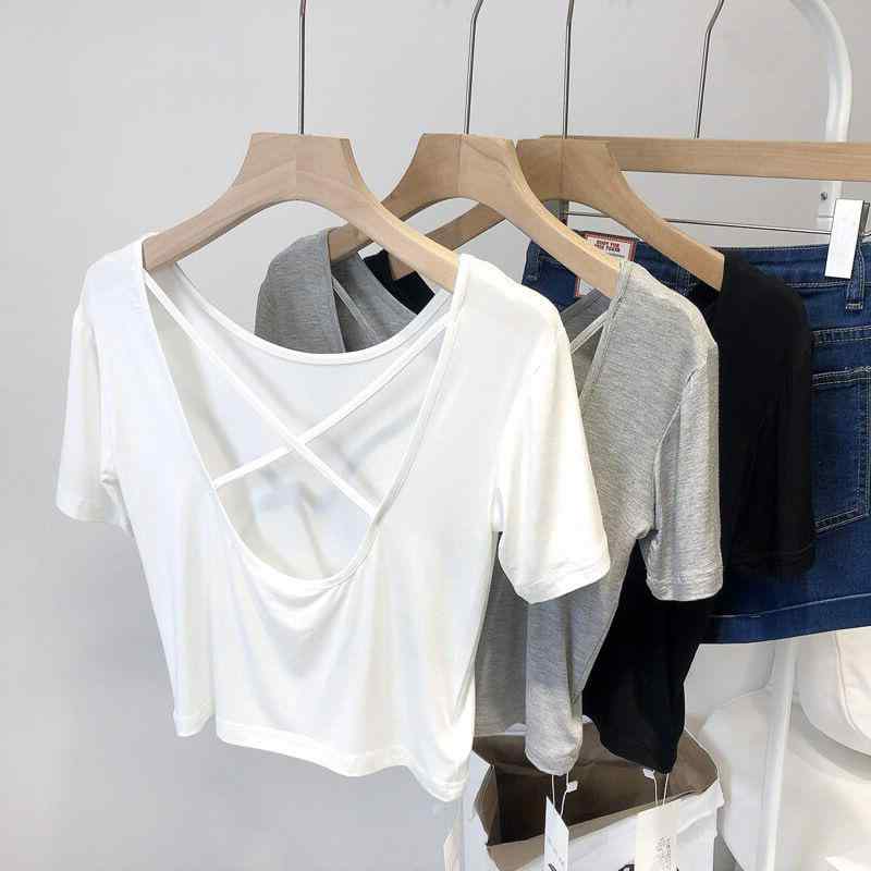 Tシャツ レディース 半袖 トップス カットソー 短丈 ショート丈 クロップド丈 スリム タイト 美シルエット クロスデザイン バックオープン 背中あき 肌見せ 無地 シンプル カジュアル きれいめ おしゃれ 大人 可愛い 重ね着 インナー...
