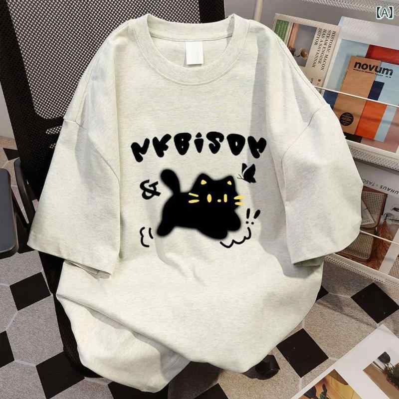 ・カテゴリ: Tシャツ・スタイル: 休闲・主な素材: 綿・柄: 文字・袖丈: 短袖・デザイン: プリント・フィット感: ゆったり・着丈: 中長・ネックライン: クルーネック・袖型: 標準・カラー展開: 白灰色-蝴蝶猫、杏色-蝴蝶猫、白色-蝴...