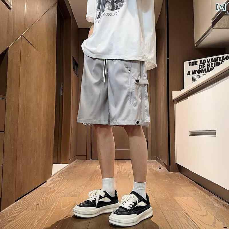 ・主な素材: ポリエステル85%、ナイロン・パンツ丈: 五分丈・スタイル: 復古・伸縮性: 無し・カラー展開: グレー、ブラック・サイズ展開: S、M、L、XL、2XL、3XL・パンツタイプ: ルーズフィット