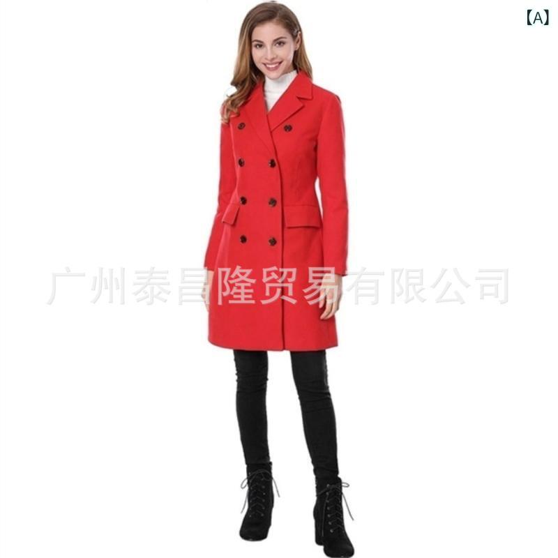 ・カテゴリ: 女式毛呢外套・柄: 純色・厚み: 中等・版型: 修身型・衣丈: 中長款・領型: 西装領・袖丈: 長袖・カラー展開: 赤、黒・サイズ展開: S、M、L、XL、XXL・スタイル: 通勤風・袖型: 常规袖