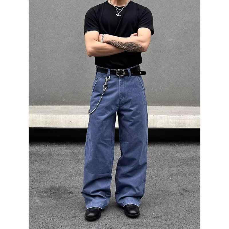 パンツ メンズ ヴィンテージ風 カジュアルパンツ ストレート ワイドパンツ ワークパンツ ストーンウォッシュ ブルー ゆるめ・カテゴリ: 工装休闲裤・スタイル: 美式复古・パンツタイプ: 宽松型・パンツ丈: 长裤・腰型: 中腰・厚さ: 普通...