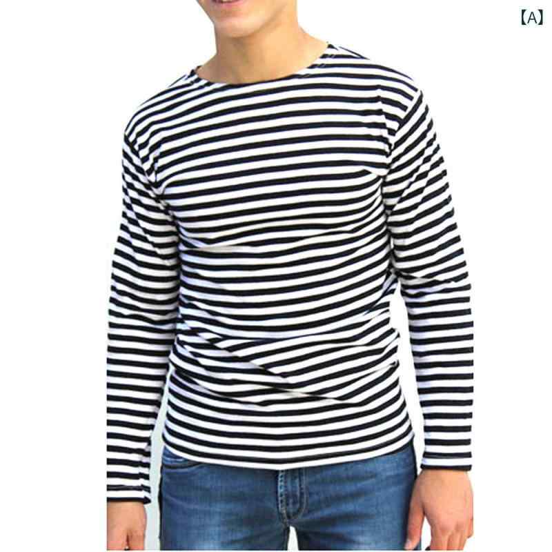 ・カテゴリ: Tシャツ・スタイル: ファッション・主な素材: 綿65%・柄: 条紋・フィット: スリム・ネックライン: クルーネック・袖丈: 長袖・袖型: 標準・カラー展開: ブラック、ダークブルー、ライトブルー・サイズ展開: S、M、L、...