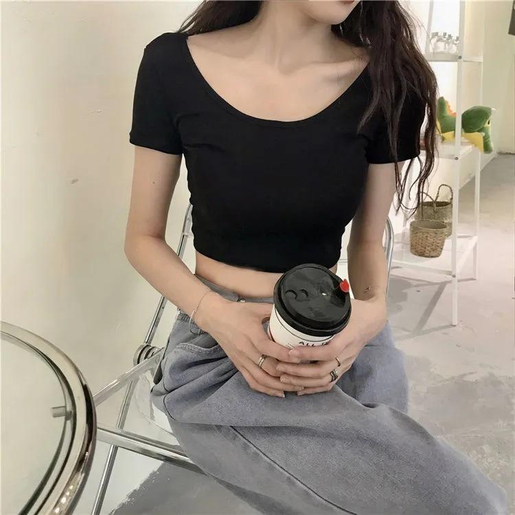 Tシャツ レディース 半袖 バックオープン 肌見せ ショート丈 クルーネック スリム 細見え おしゃれ カジュアル 無地 トップス 春夏・素材: モダール繊維90-95%、スパンデックス30-50%・柄: 無地・スタイル: プルオーバー、カ...