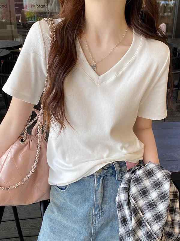 Tシャツ レディース 半袖 Vネック カットソー トップス プルオーバー 白 無地 接触冷感 吸湿速乾 伸縮性 ストレッチ 薄手 涼しい インナー 重ね着 普段使い デイリー 通勤 通学 カジュアル シンプル ベーシック 春夏 サマー生地名...