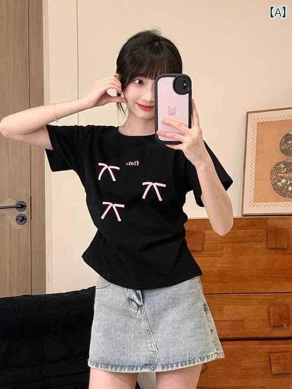 ・カテゴリ: Tシャツ・スタイル: 少女風・主な素材: 綿90-95%・主な素材2: 氨纶30%以下・柄: 蝴蝶结、印花・ネックライン: 圆领・袖丈: 短袖・袖型: 常规袖・フィット: 修身型・衣長: 普通款・カラー展開: 黒色、浅灰色・サ...