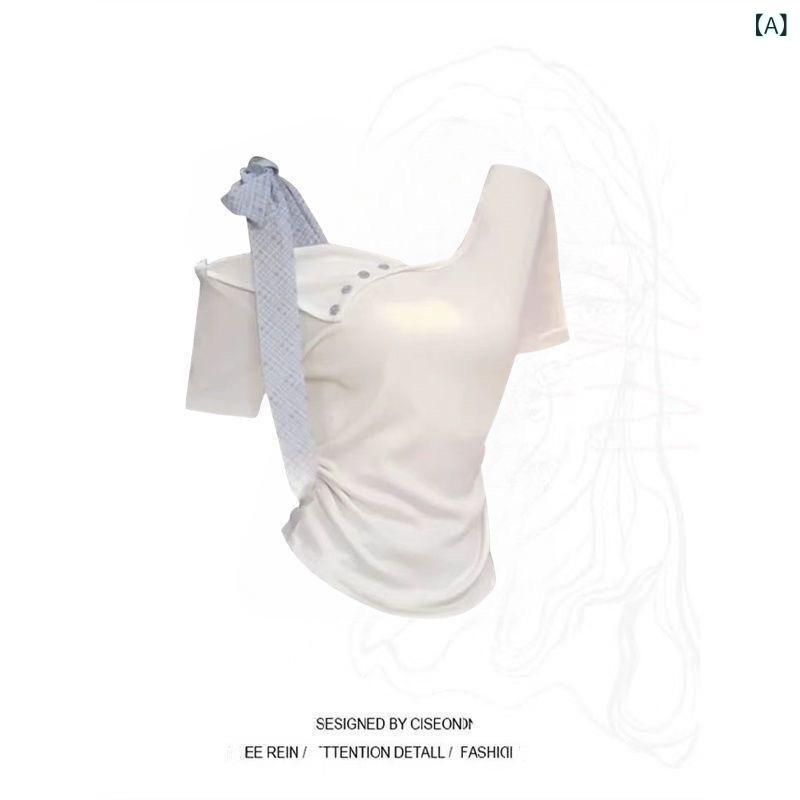 ・カテゴリ: Tシャツ・スタイル: 都市風・主な素材: 綿100%・ネックライン: 斜領・袖丈: 短袖・袖型: 通常袖・デザイン: 紐・フィット: スリム・カラー展開: 白色、紫色、黒色・サイズ展開: S、M、L、XL