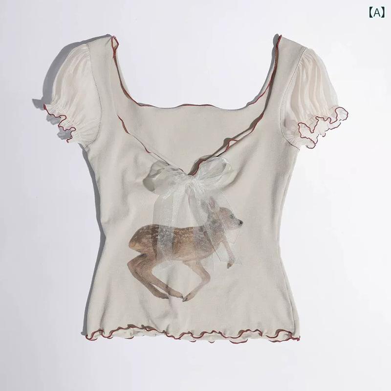 ・カテゴリ: Tシャツ・スタイル: 日韓カジュアル・主な素材: 綿70-80%、ポリエステル20-30%・袖丈: 短袖・袖型: 泡泡袖・柄: プリント・カラー展開: クリーム・サイズ展開: XS、S、M、L・フィット: スリム・衣丈: 短め...