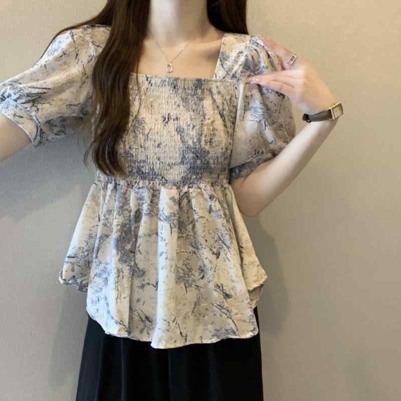 ・カテゴリ: Tシャツ・スタイル: 通勤・主な素材: ポリエステル100%・ネックライン: スクエアネック・袖丈: 五分袖・袖型: 泡泡袖・流行要素: プリーツ・衣長: 普通(50-65cm)・カラー展開: ブルーフラワー、ピンクフラワー・...