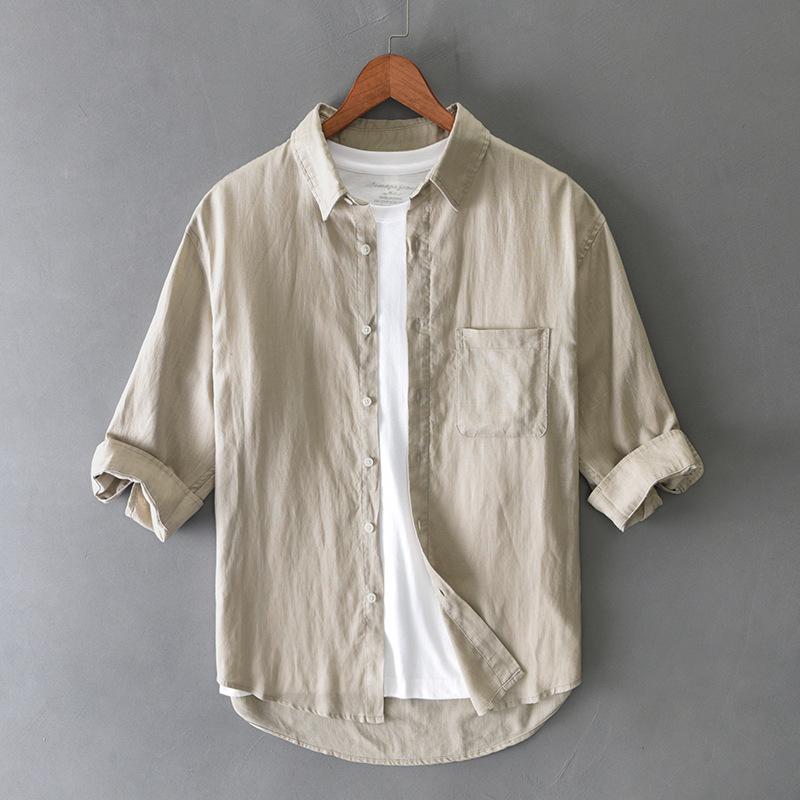 ・カテゴリ: shirts・スタイル: 日式復古・シルエット: ルーズ・襟型: 折り襟・袖丈: 7分袖・柄: 無地・厚さ: 薄手・デザイン詳細: ポケット飾・主な素材: テンセル70%・カラー展開: ホワイト、カーキ、ピンク、レイクブルー、...