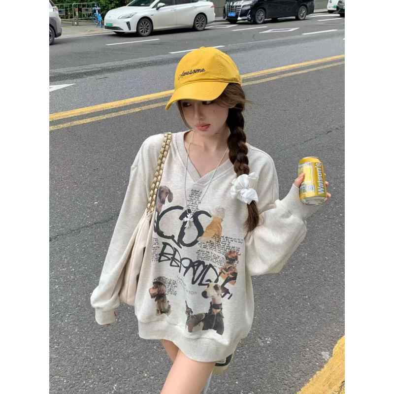 ・カテゴリ: パーカー・スウェット・スタイル: 都市風、オフィス・通勤・仕様: プルオーバー・袖丈: 長袖・袖の形状: フリルスリーブ・ネックライン: Vネック・デザイン: プリント・主な素材: 綿90%以上-95%未満・カラー: グレー・...