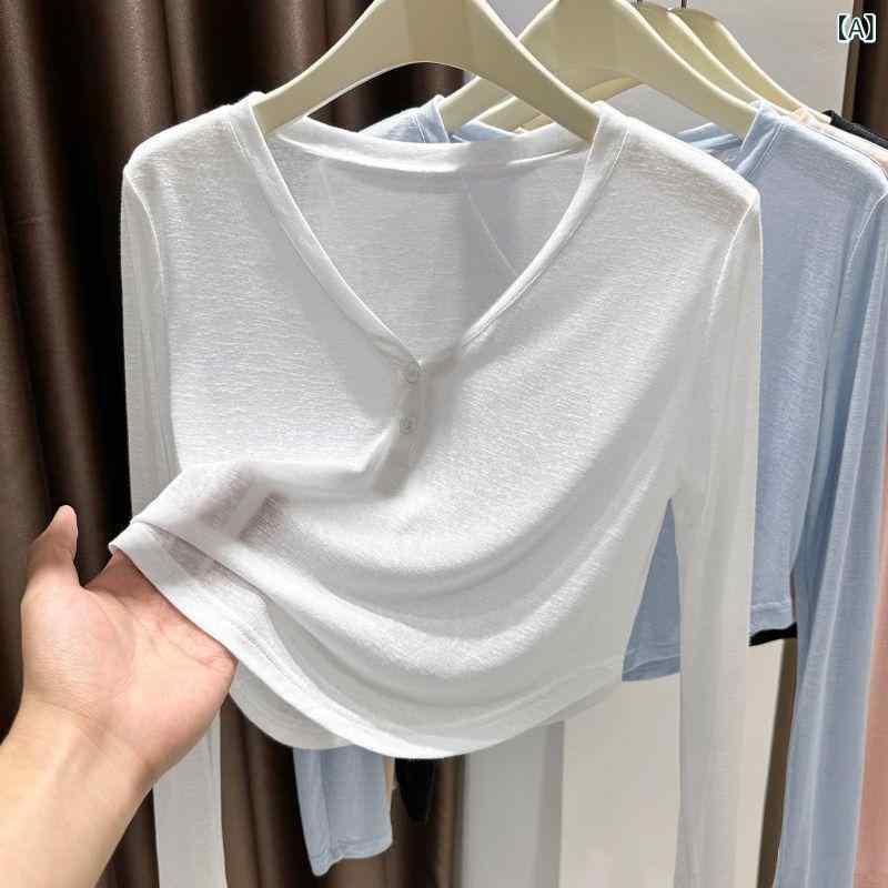 氷 糸 ニット UV カット ブラウス 長袖 Tシャツ 女性 夏 雪 綿 ボトム シャツ 薄い 純粋な V ネック 短い トップス生地名: ポリエステル (ポリエステル繊維)メイン生地成分: ポリエステル (ポリエステル繊維)パターン: 純...