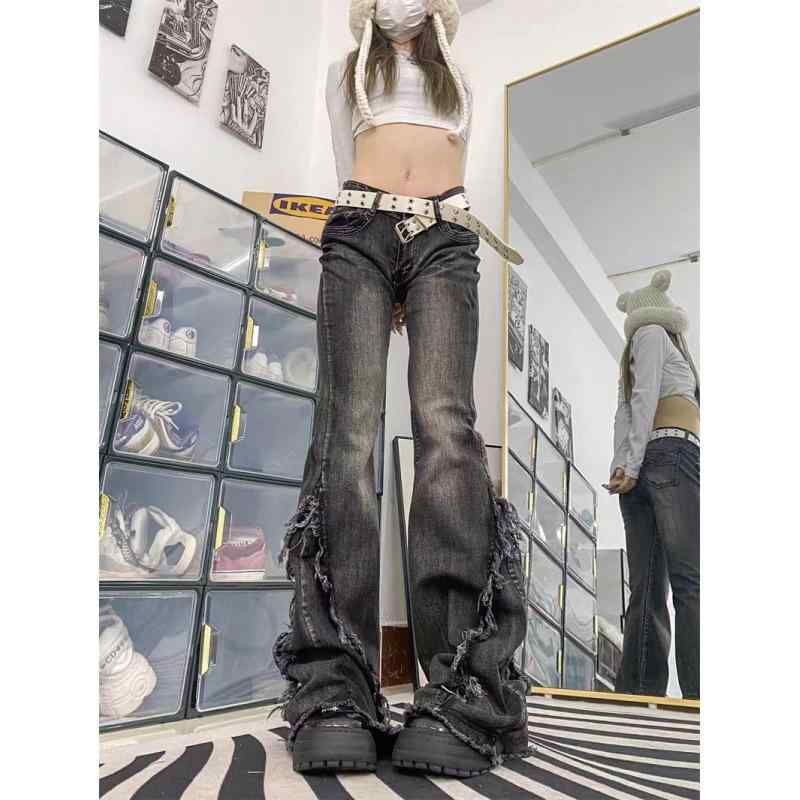 デニムパンツ レディース 秋冬 ビンテージ風 フリンジ デザイン ローウエスト ワイドパンツ 裾フレア 美脚効果 ゆったり 普段使い・素材: 綿100%・スタイル: 都市風、カジュアル・パンツ丈: ロングパンツ・腰回り: ハイウエスト・厚さ...