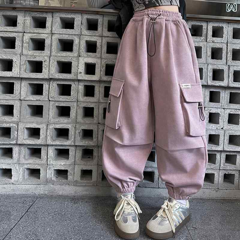 ・カテゴリ: キッズパンツ・スタイル: 韓国風・パンツ丈: 長ズボン・主な素材: 綿90%・対象性別: 女の子・対象年齢: 中大童（8歳以上、140cm以上）・デザイン: カーゴパンツ・生地の加工: 柔軟加工・柄: 無地・デザイン要素: ス...