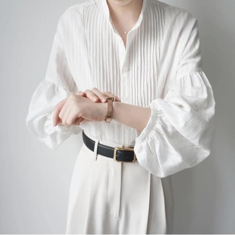 ・カテゴリ: 衬衫・柄: 条纹・スタイル: 通勤风・袖丈: 长袖・シルエット: 宽松型・着丈: 普通款(50cm<衣长≤65cm)・ネックライン: 立领・袖型: 灯笼袖・カラー: 象牙白・サイズ: S,M,L,XL
