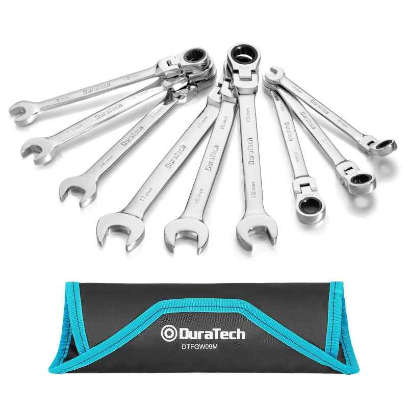 DURATECH コンビネーションレンチ フレックスラチェットレンチ コンビネーションスパナ 片口スパナ 首振りラチェット 72ギア CR-V鋼製 9本組 自動車修理 メンテナンス DIY用 収納バッグ付き【フレックスレンチ】メガネ部分が首...