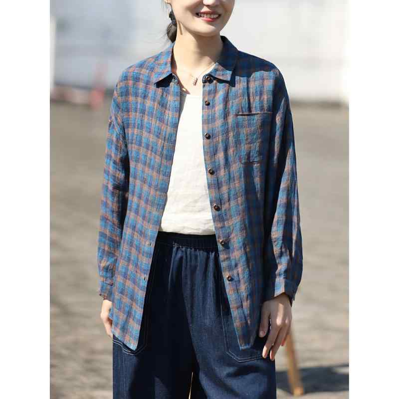 ・カテゴリ: 衬衫・素材: 亜麻・柄: 格柄・スタイル: ベーシック、文芸復古・袖丈: 長袖・シルエット: ルーズフィット・着丈: ミドル丈（65cm-80cm）・襟型: 折り襟・袖型: 通常袖・デザイン特徴: ポケット・カラー: ブルーブ...