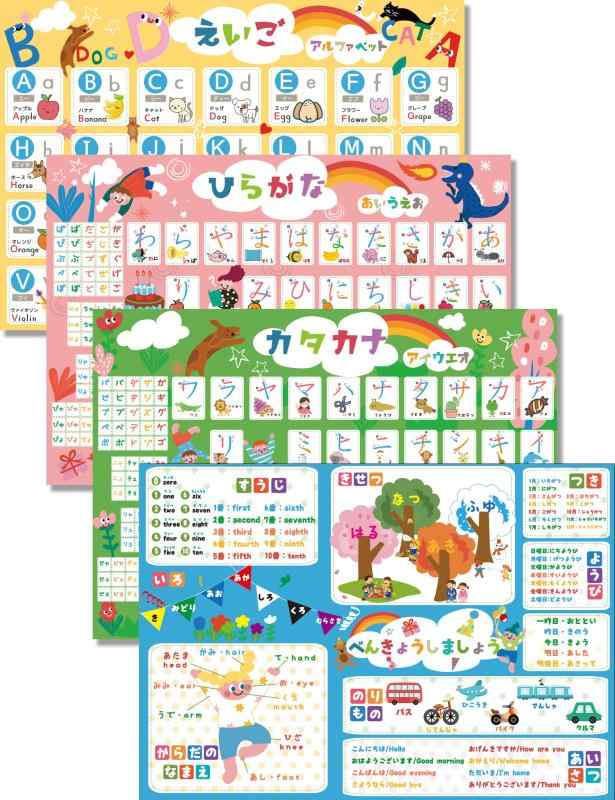 キューブドクター ひらがな あいうえお アルファベット 英語 お風呂 ポスター お得4枚セット B3サイズ あいうえお表【楽しく学べる多機能ポスター】 平仮名、片仮名、アルファベット、基本常識（数字、曜日、色、動物など）が一目で学べる充実の...