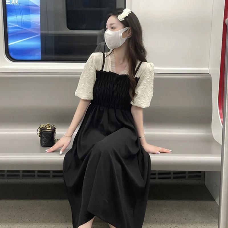ワンピース レディース パフスリーブ 重ね着風 レトロ フランス風 デザイン袖 ガーリー ミニ丈 春夏・素材: ポリエステル・柄: 無地・加工: 拼接・タイプ: プルオーバー・組み合わせ: フェイクツーピース・スカート丈: ロング丈・スカー...