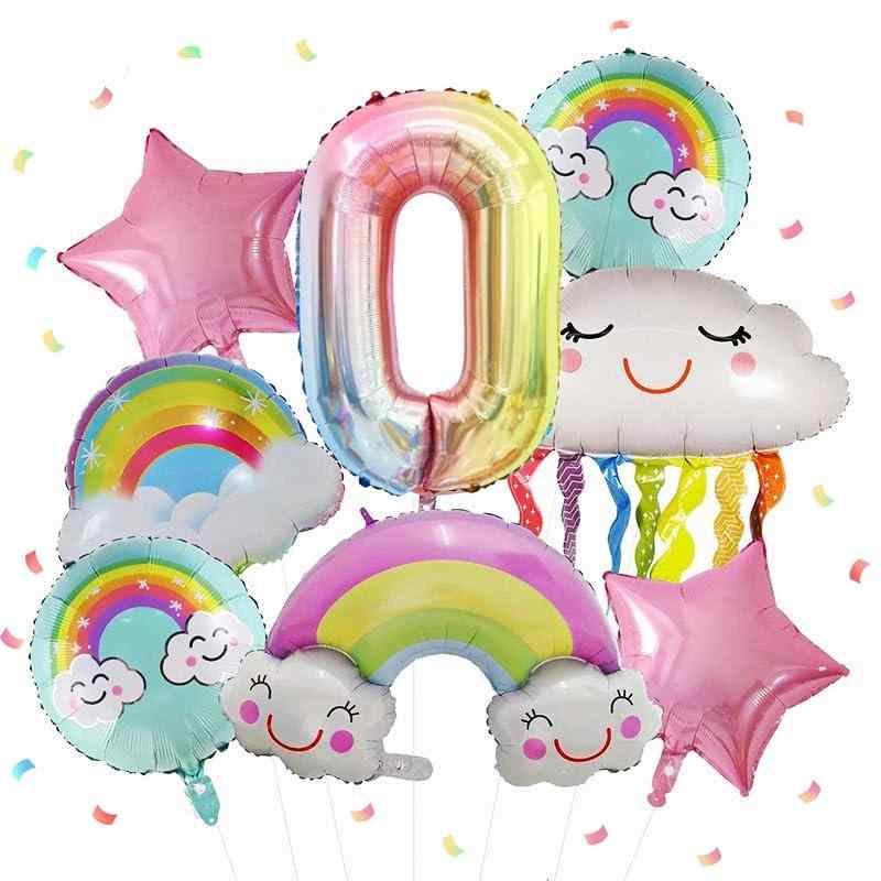 誕生日パーティーおすすめ特大 アルミ風船セット カワイイ笑顔雲の形風船 かわいい 虹の風船 32インチ グラデーション 数字付き 子供の1歳記念デコレーション 子供の成長記念 お祝いパパーティーセット構成：特大アルミ風船、笑顔雲の形風船、虹...