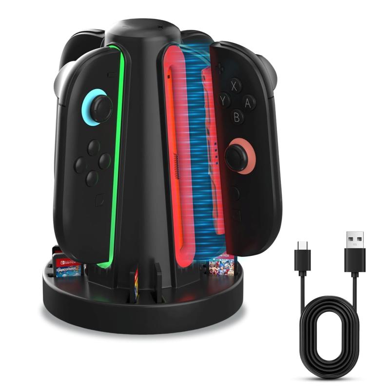 OLCLSS Switch 2 Joycon用 充電スタンド スイッチ2ジョイコン用4台同時急速充電｜磁気吸着式｜ゲームカード6枚収納｜LEDインジケーター＆音声通知｜過充防止チップ搭載｜USB-Cケーブル付き Charging 【スイッチ...
