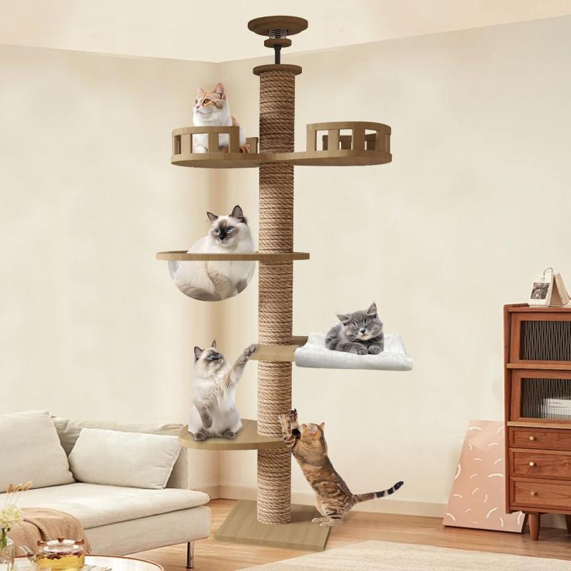CozyMeow キャットタワー 突っ張り 木製 キャットツリー 木登りタワー 多層無垢材 太い支柱 スリム 宇宙船 ハンモック 多頭飼い 大型猫用 猫タワー 人気 おしゃれ 爪とぎ つめとぎ 猫 かわいい
