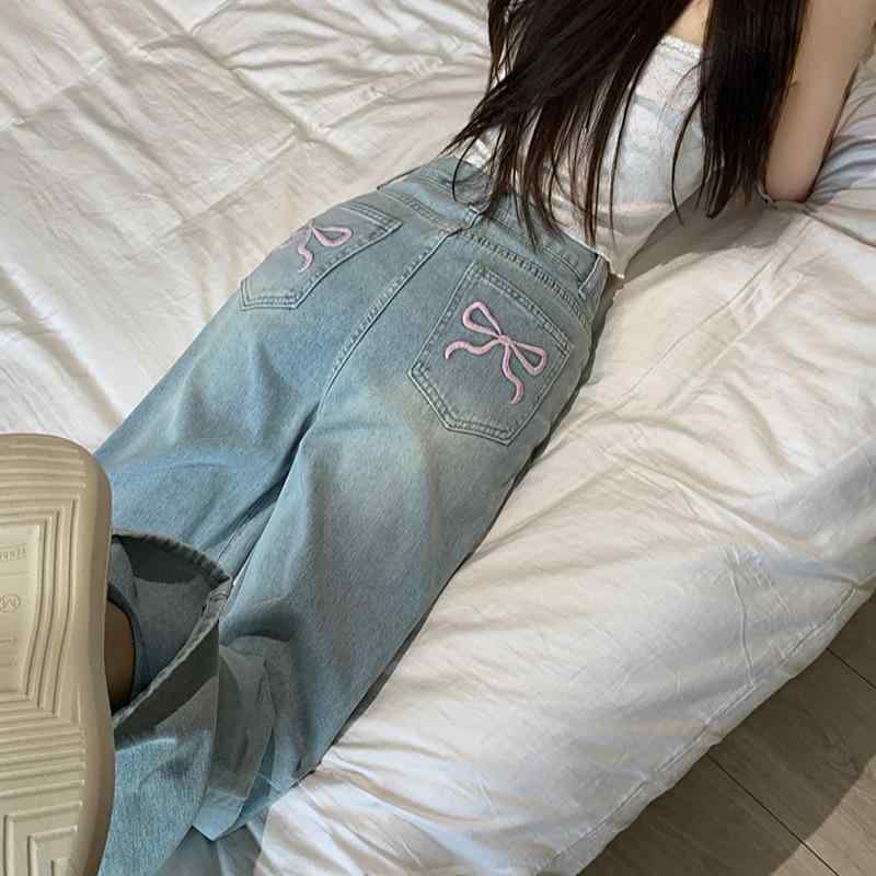 デニムパンツ レディース ストレートパンツ 蝶結び 刺繍 ハイウエスト ゆったり ワイドパンツ 落ち感 美脚 春夏・カテゴリ: ジーンズ・スタイル: 通勤風・素材: 綿、ポリエステル・パンツ丈: ロング・ウエスト: ハイウエスト・厚さ: 通...