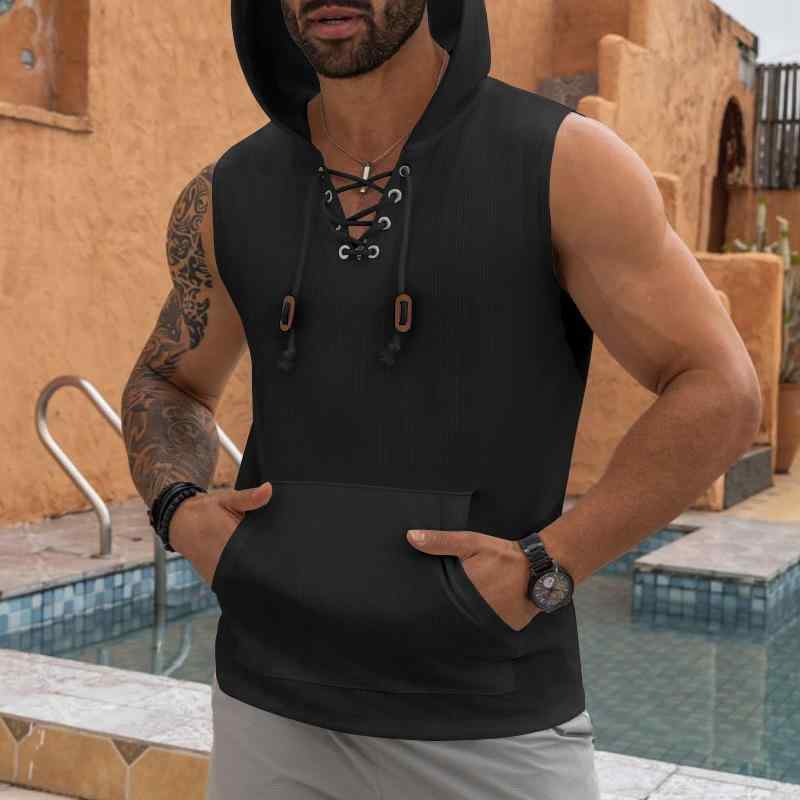 トップス メンズ ノースリーブ ベスト フード付き Tシャツ ニット素材 紐付き カジュアル ストリート 欧米スタイル オールシーズン・版型: 合体型・パターン: 無地・主な素材: ポリエステル90%〜95%・生地: 化繊混紡・シーン: カ...