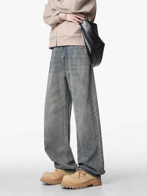 デニムパンツ メンズ ワイド ストレート ヴィンテージ風 ウォッシュ加工 バギーパンツ ルーズフィット カジュアル アメカジ オールシーズン パンツ・スタイル: 高街・パンツタイプ: ストレートパンツ・パンツ形状: ストレート・パンツ丈: ...
