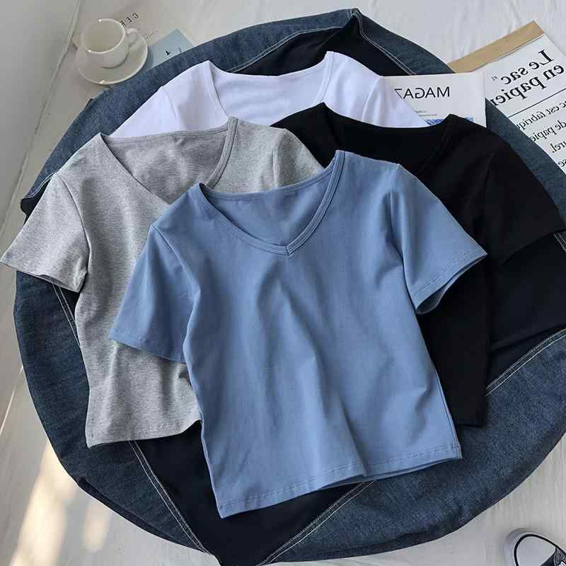 Tシャツ レディース 半袖 Vネック 無地 ショート丈 タイト スリム 細見え ハイウエスト へそ出し トップス 欧米風 カジュアル 春夏・素材: ポリエステル100%・柄: 無地・スタイル: プルオーバー・袖丈: 半袖・工法: 切り替え・...