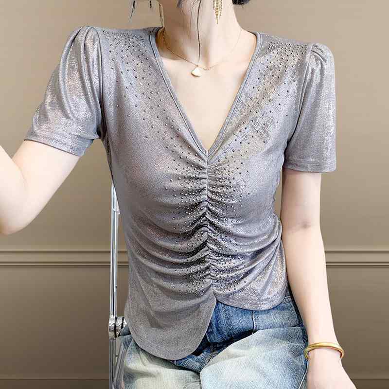 Tシャツ レディース Vネック 半袖 接触 ラインストーン装飾 おしゃれ スリムフィット インナー トップス カットソー 伸縮性 高級感 通勤用 普段使い 春夏・柄: 無地・スタイル: プルオーバー・袖丈: 半袖・技法: ホットスタンプ・シ...