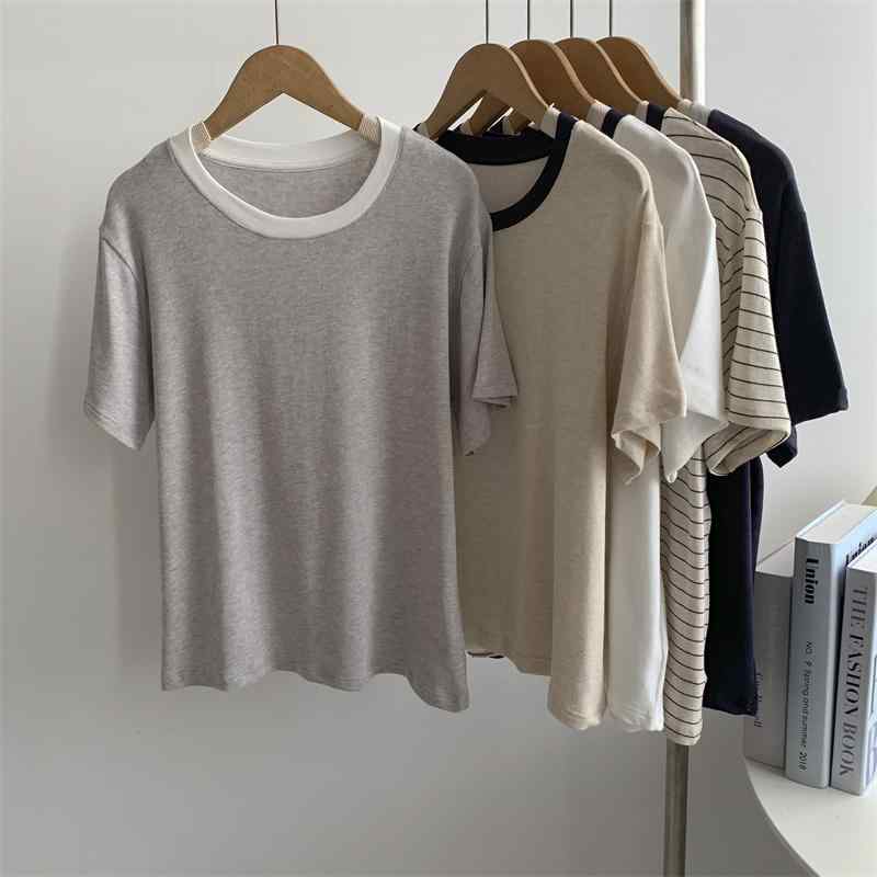 Tシャツ レディース ニット リネン 再生繊維 接触 薄手 半袖 クルーネック 配色 春夏 カジュアル・カテゴリ: Tシャツ・スタイル: 日韓カジュアル・素材: 綿95%以上、ポリウレタン30%以下・柄: 無地・袖丈: 半袖・加工: 形態安...