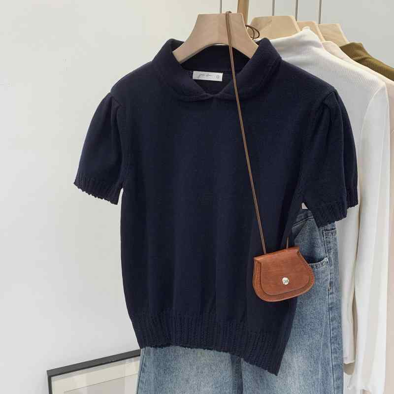 Tシャツ レディース 半袖 紫 ベビーカラー ウエストシェイプ ニット トップス 夏・素材: 綿100%・柄: 無地・袖丈: 半袖・加工: 高マンガン酸洗・シルエット: ハイウエスト・ネックライン: ベビーカラー・袖の形状: レギュラー・カ...