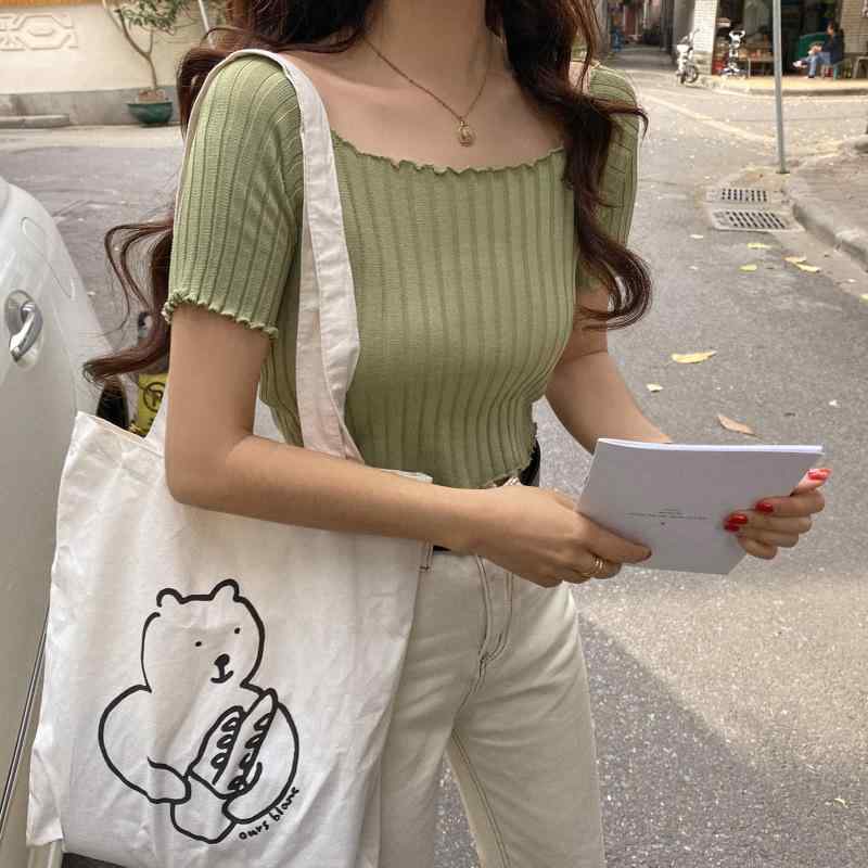 新作 夏 韓国 風 エレガントスリムフィット 半袖 薄手 スクエアネックニットショート 丈 Tシャツ レディーストップス生地名: その他パターン: 漫画のプリントスタイル: プルオーバースタイル,プリンセススタイル袖丈: 半袖職人技: プリ...