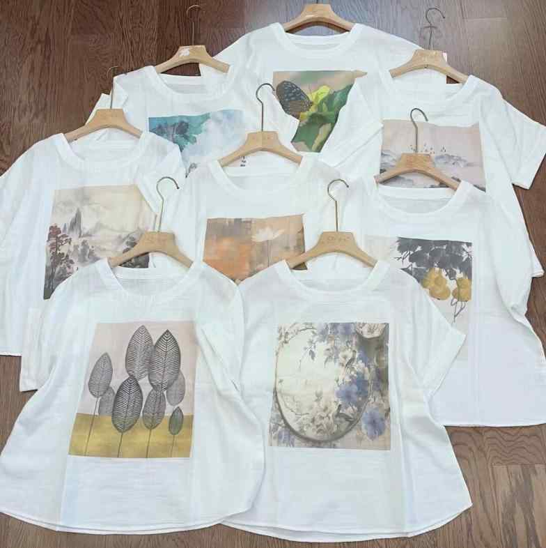 Tシャツ レディース 半袖 カットソー プルオーバー トップス 二重ガーゼ プリント 総柄 丸首 クルーネック ルーズ ゆったり シンプル カジュアル 和風 ナチュラル 快適 着心地 普段使い デイリーユース 通気性生地名：綿主な生地成分：...